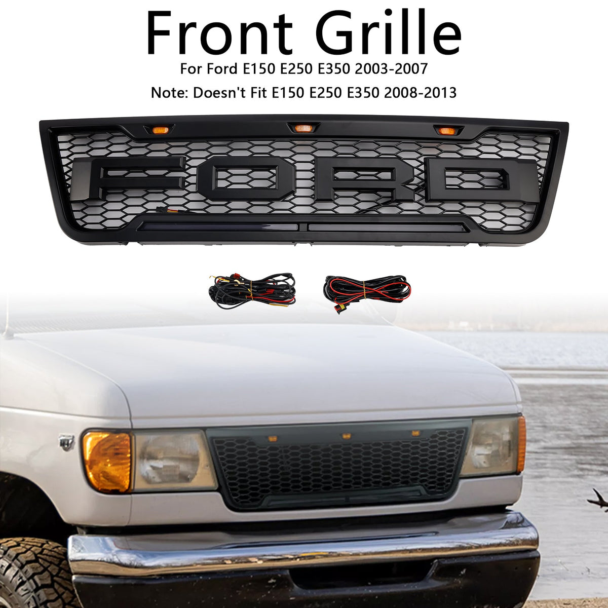 2003-2007 Ford E150 E250 E350 Black Front Bumper Grill Grille With Led | JCarPart