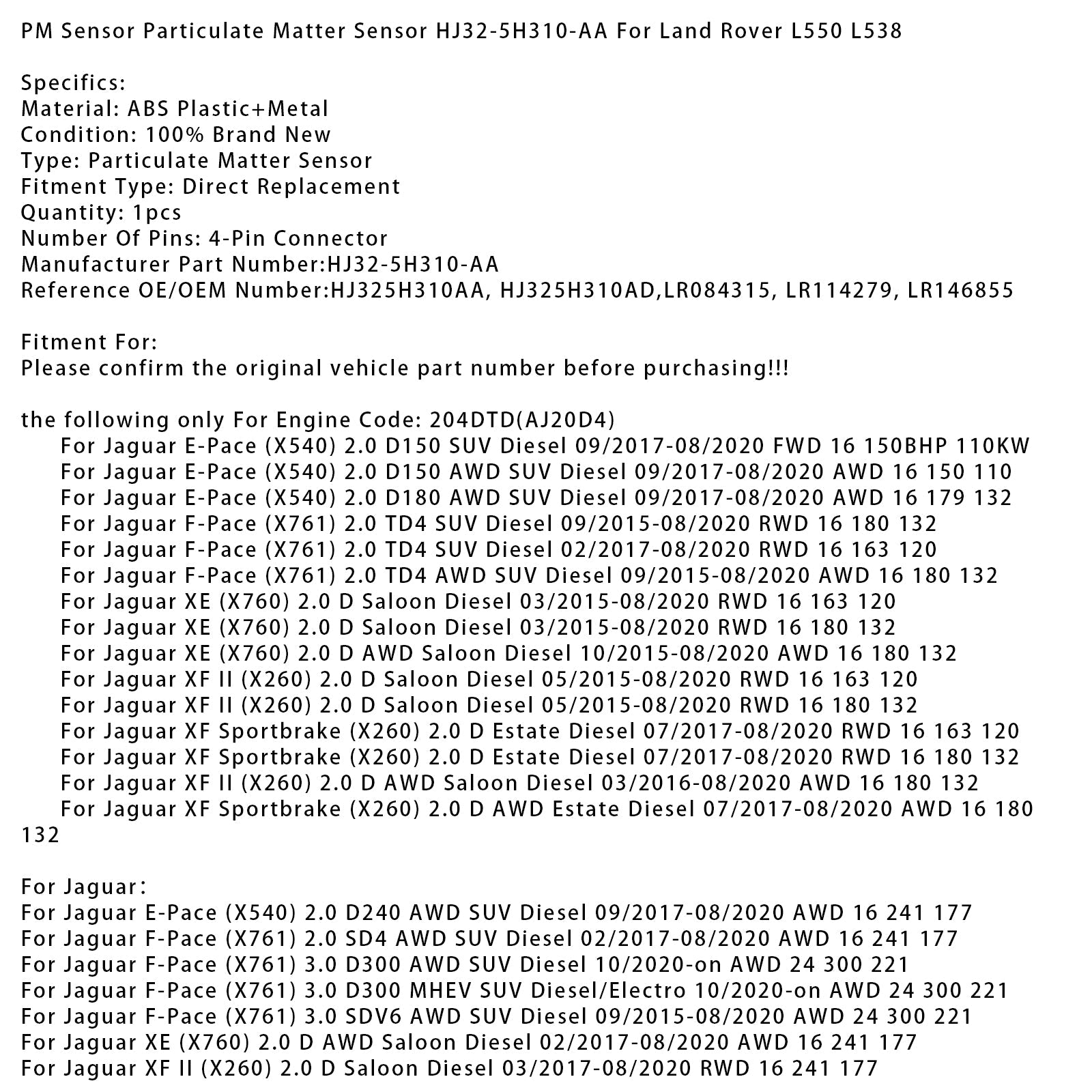 PM Sensor Particulate Matter Sensor HJ32-5H310-AA For Land Rover L550 ...