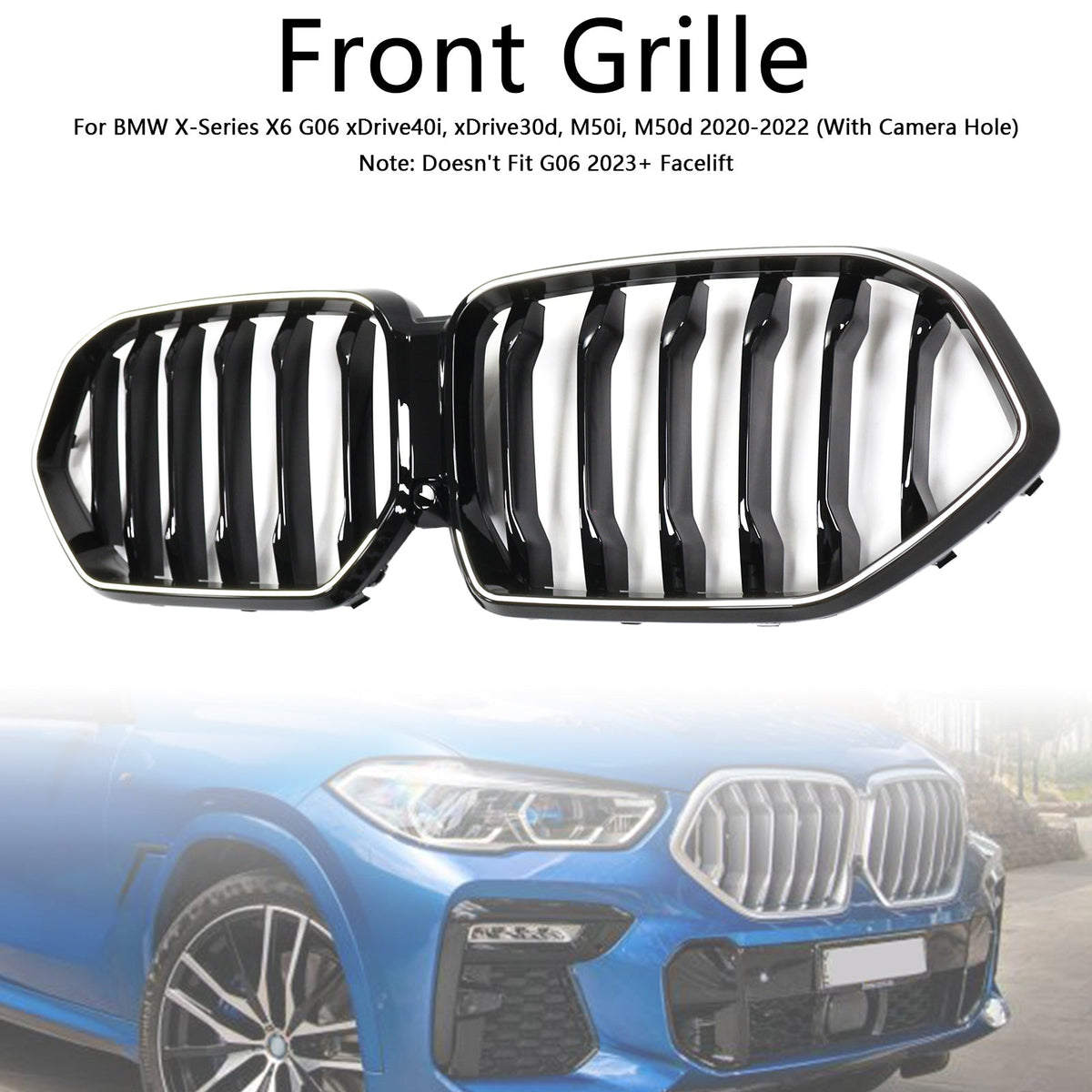 2020-2022 BMW X6 G06 M50i Black Front Bumper Grille Grill W/Camera Hol ...
